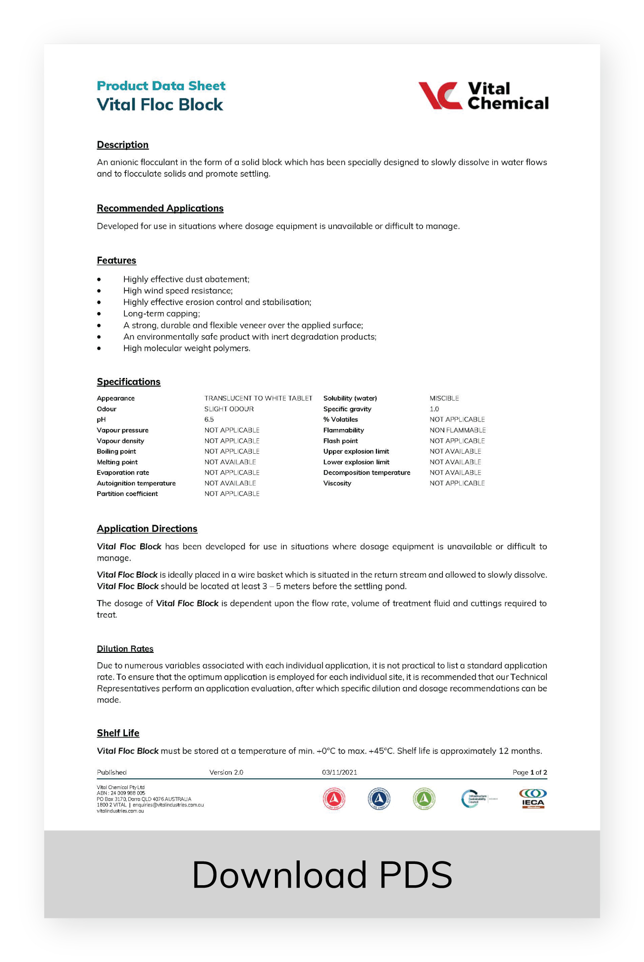 PDS for Vital Floc Block | Vital Chemical
